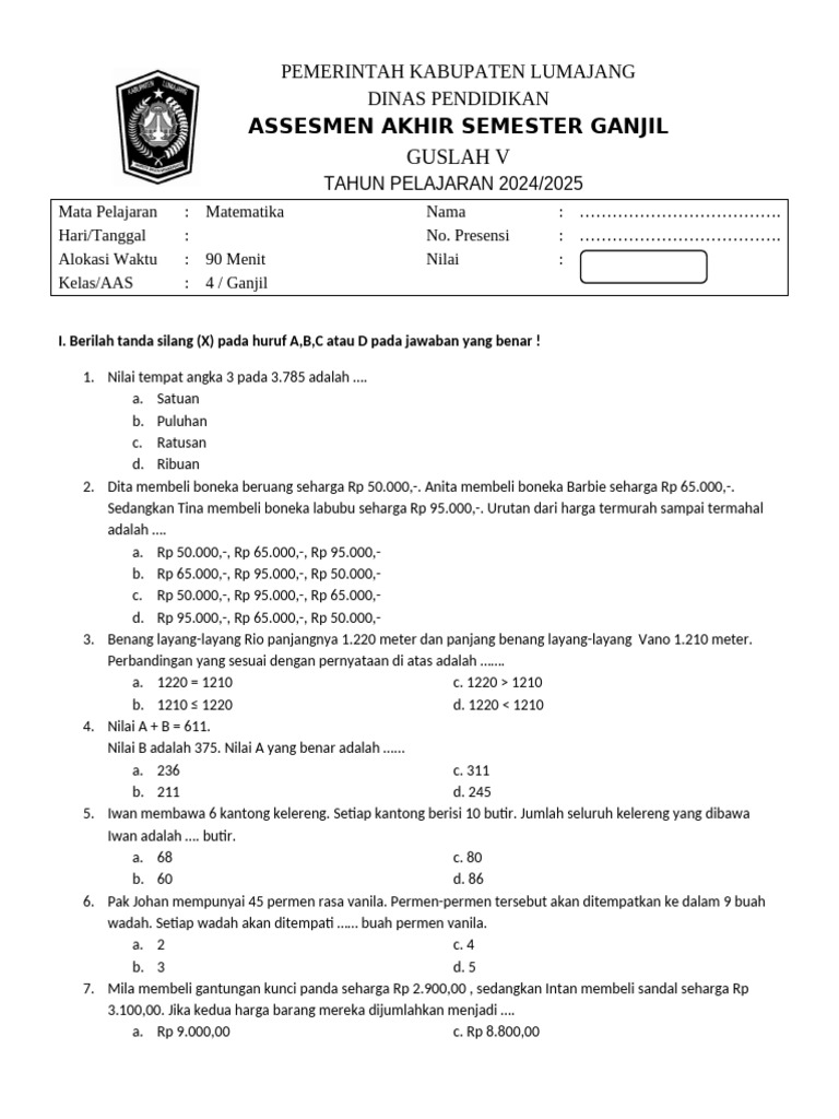 Soal Pas Ganjil Mtk Kelas 4 | PDF