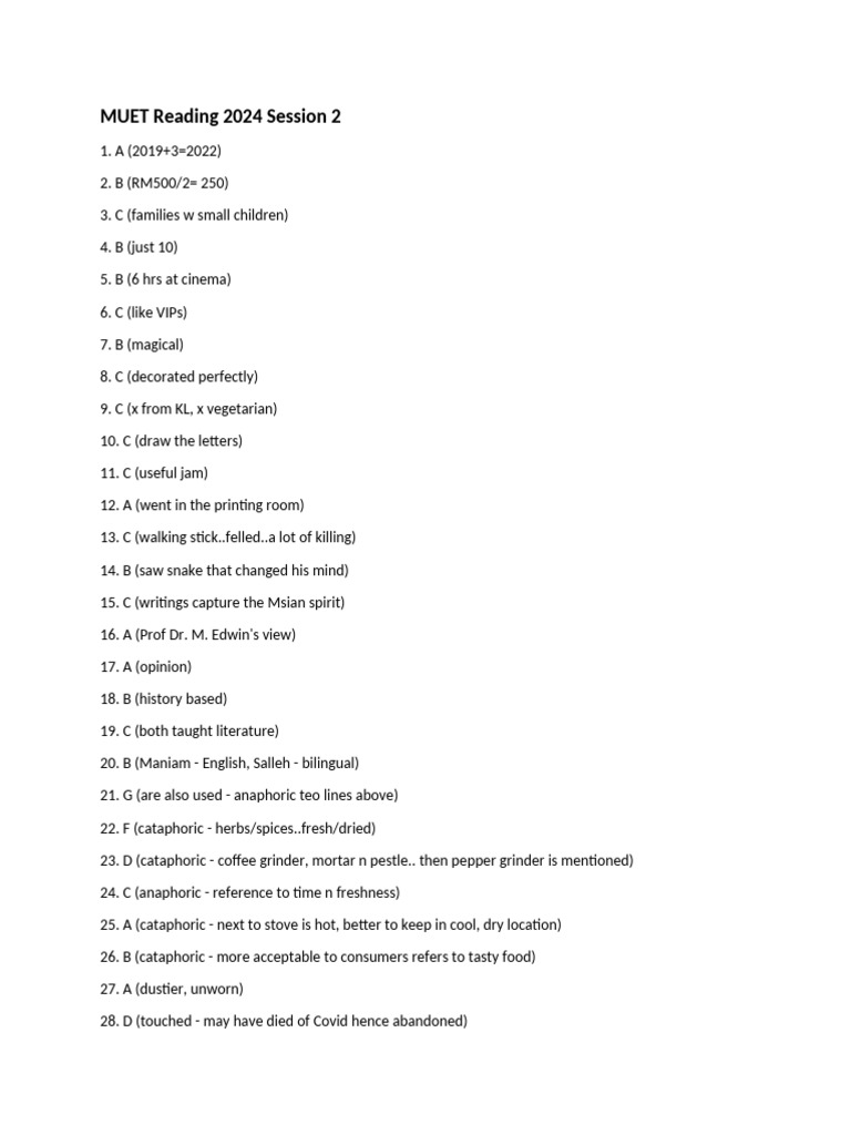 MUET Reading 2024 Session 2 Answers | PDF