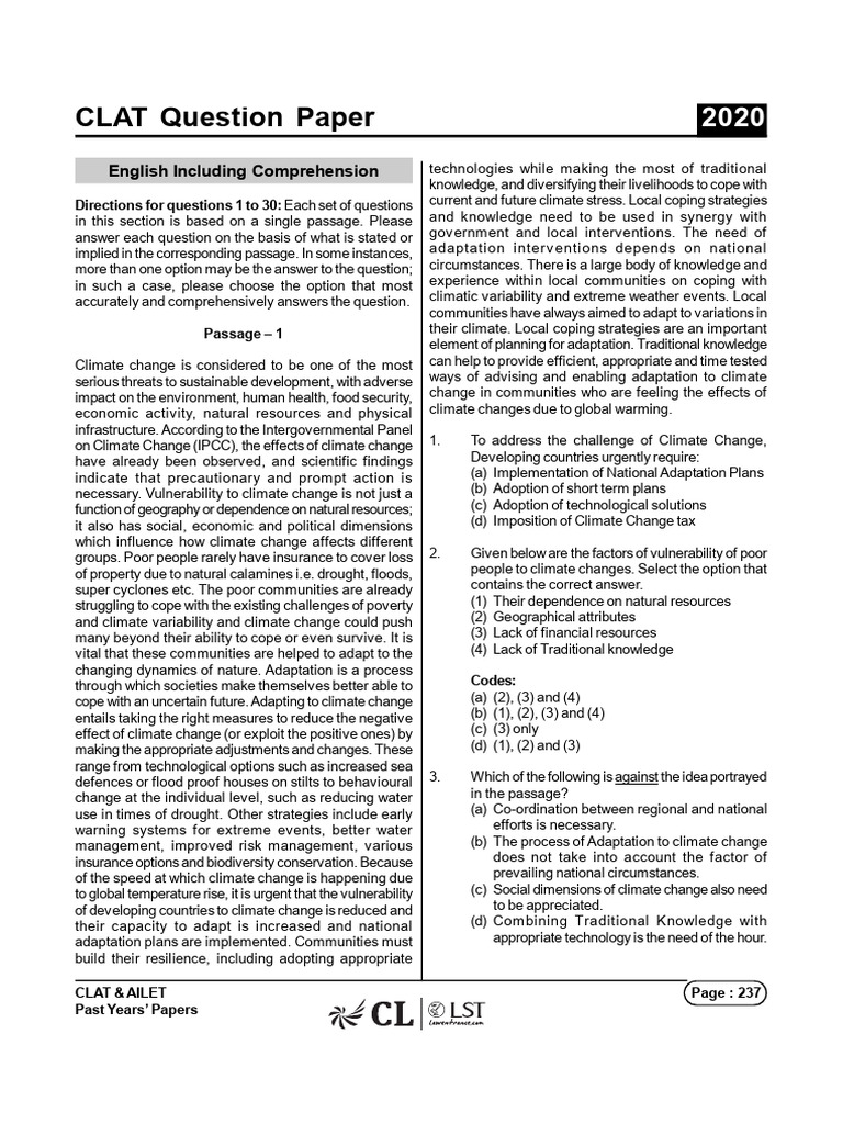 CLAT Actual Paper 2020_Qs+Sol | PDF | Climate Change | Climate Resilience