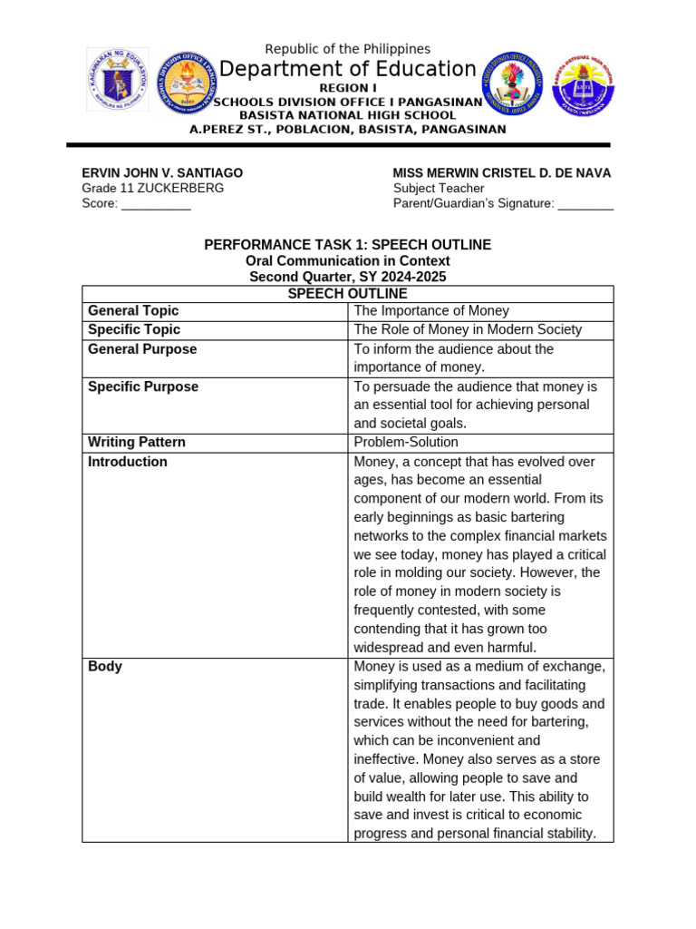 PT1 OCC Speech-Outline-Template | PDF | Money | Society