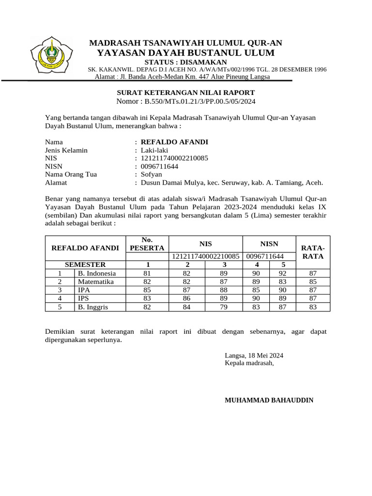 Surat Keterangan Nilai Raport | PDF