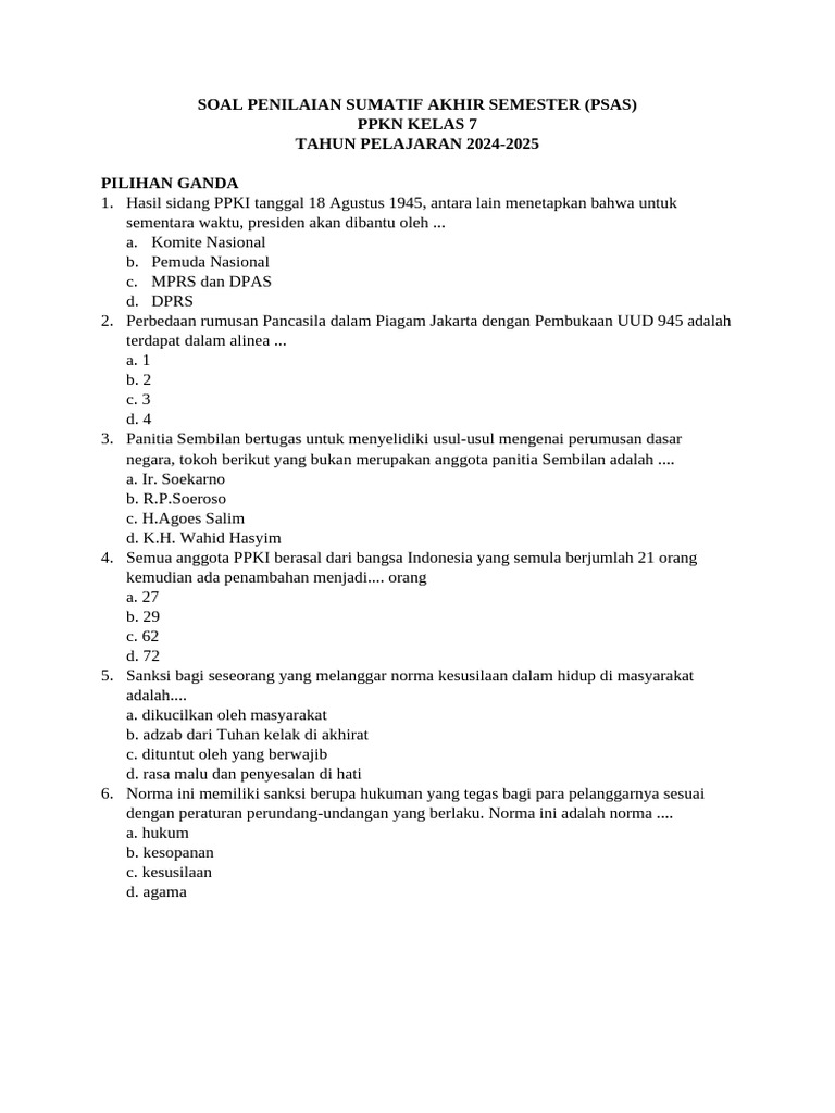 SOAL PSAS PPKN KELAS 7 | PDF