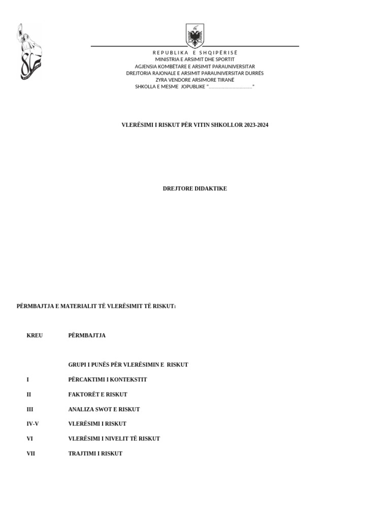 Plani I Riskut Shkolla e Mesme | PDF
