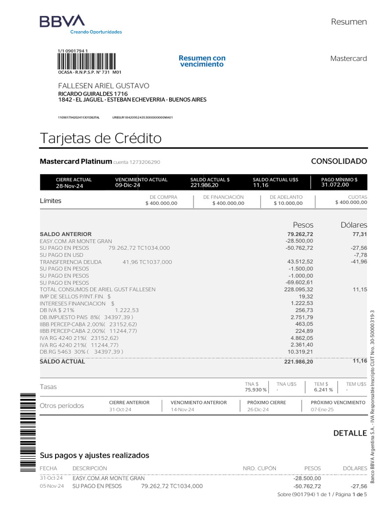 Resumen de Cuenta Mastercard Nov-24 | PDF | Tarjeta de débito | Interés