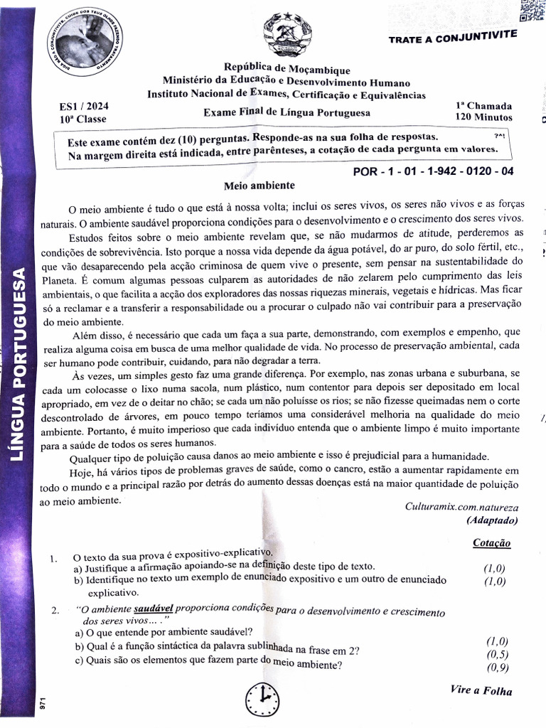 Exame de Portugues 10a Classe 2024 1a Chamada | PDF | Ambiente natural | Vida