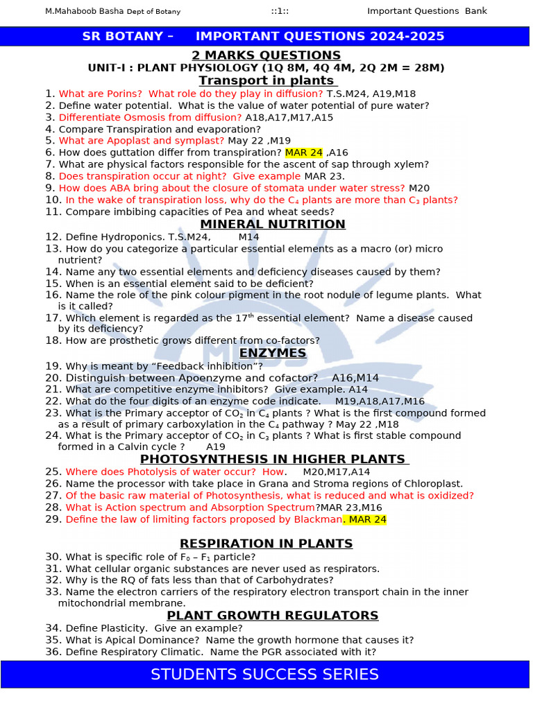 2 Marks Questions Transport in Plants: SR Botany - Important Questions 2024-2025 | PDF | Dna ...