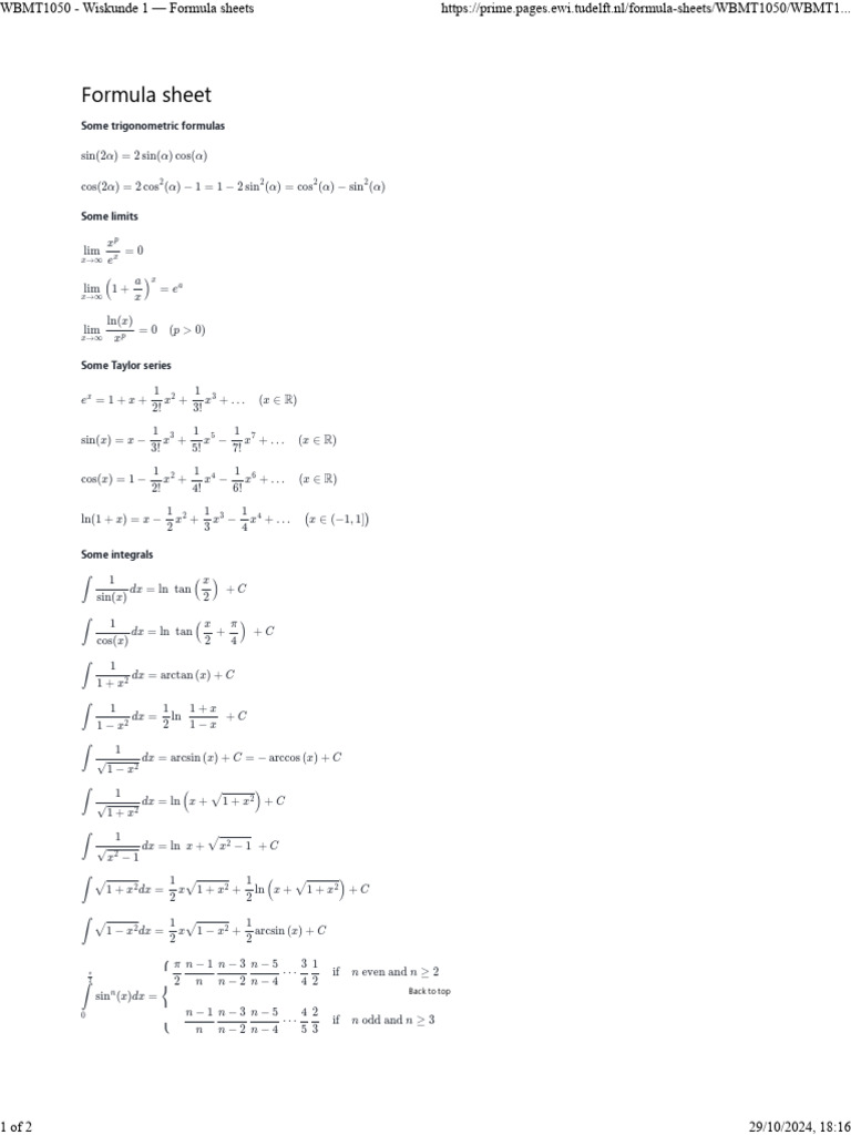WBMT1050 - Wiskunde 1 - Formula Sheets Sigma | PDF | Functions And Mappings | Mathematical Concepts