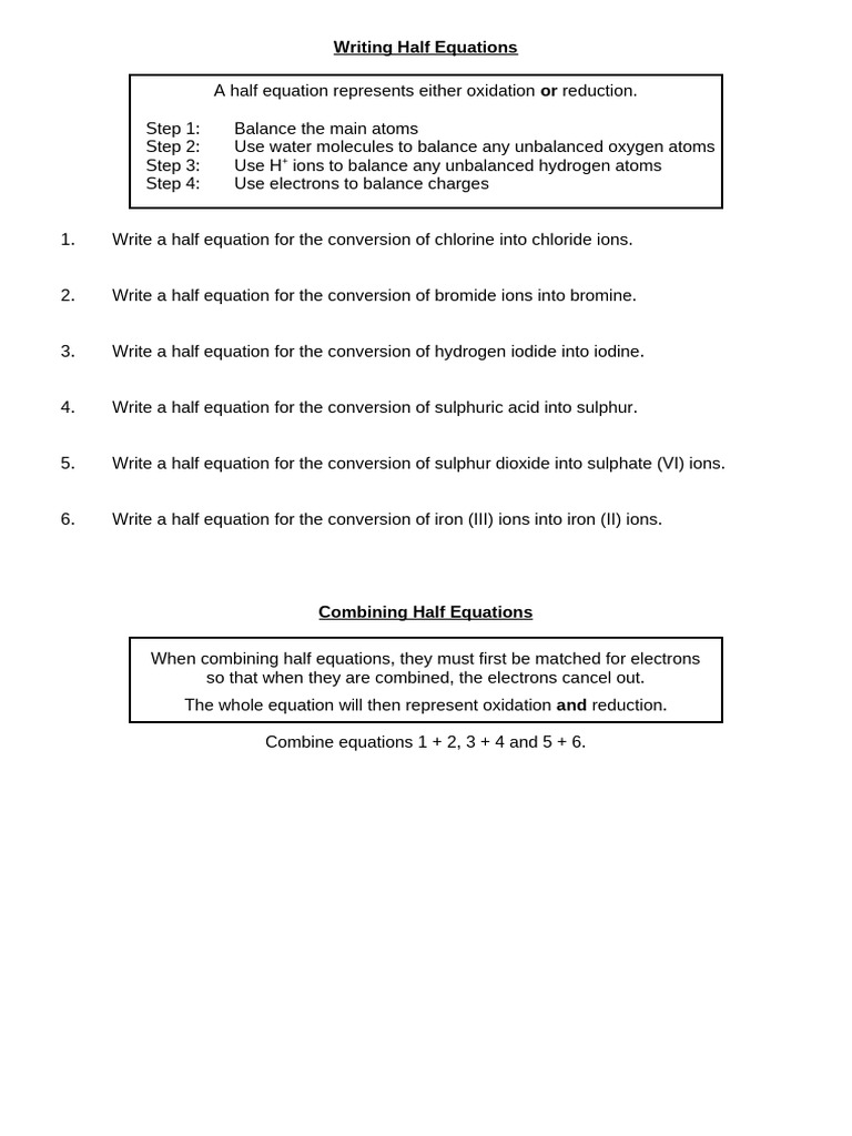 Skills Sheet - Half Equations | PDF