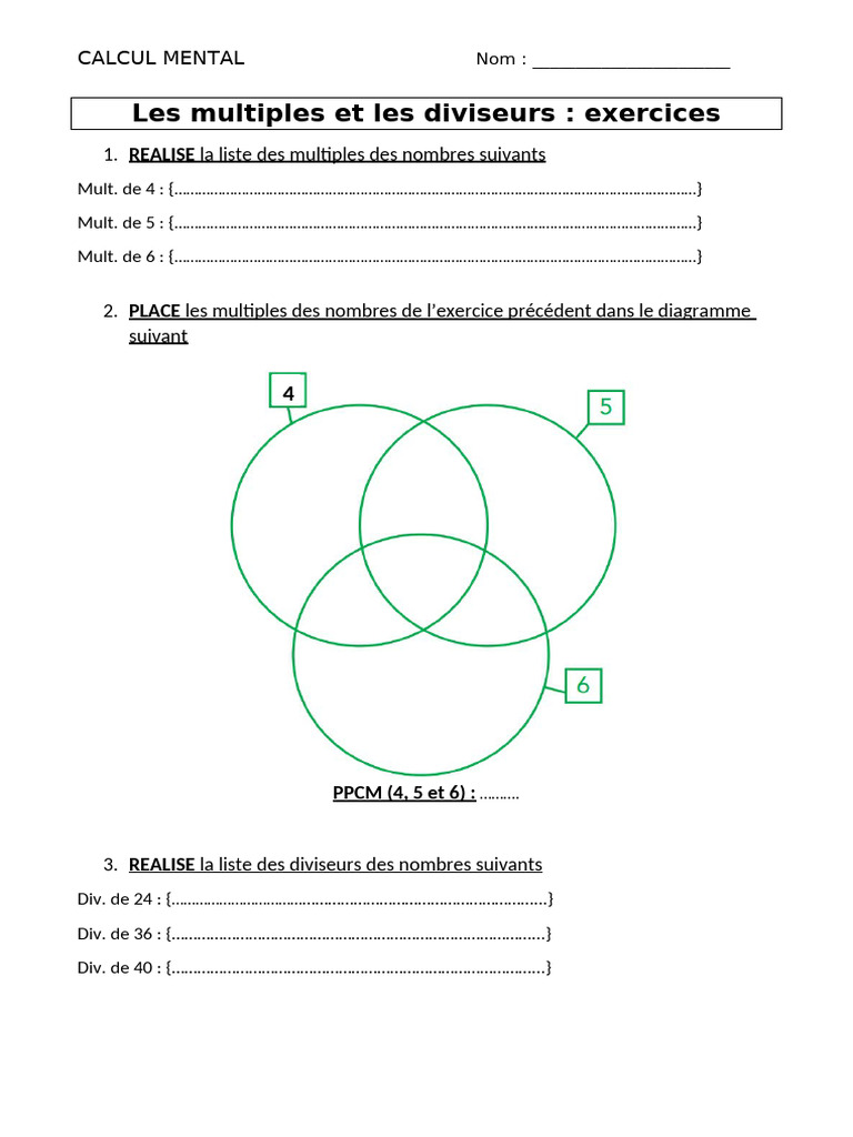 Exercices sur multiples et diviseurs | PDF