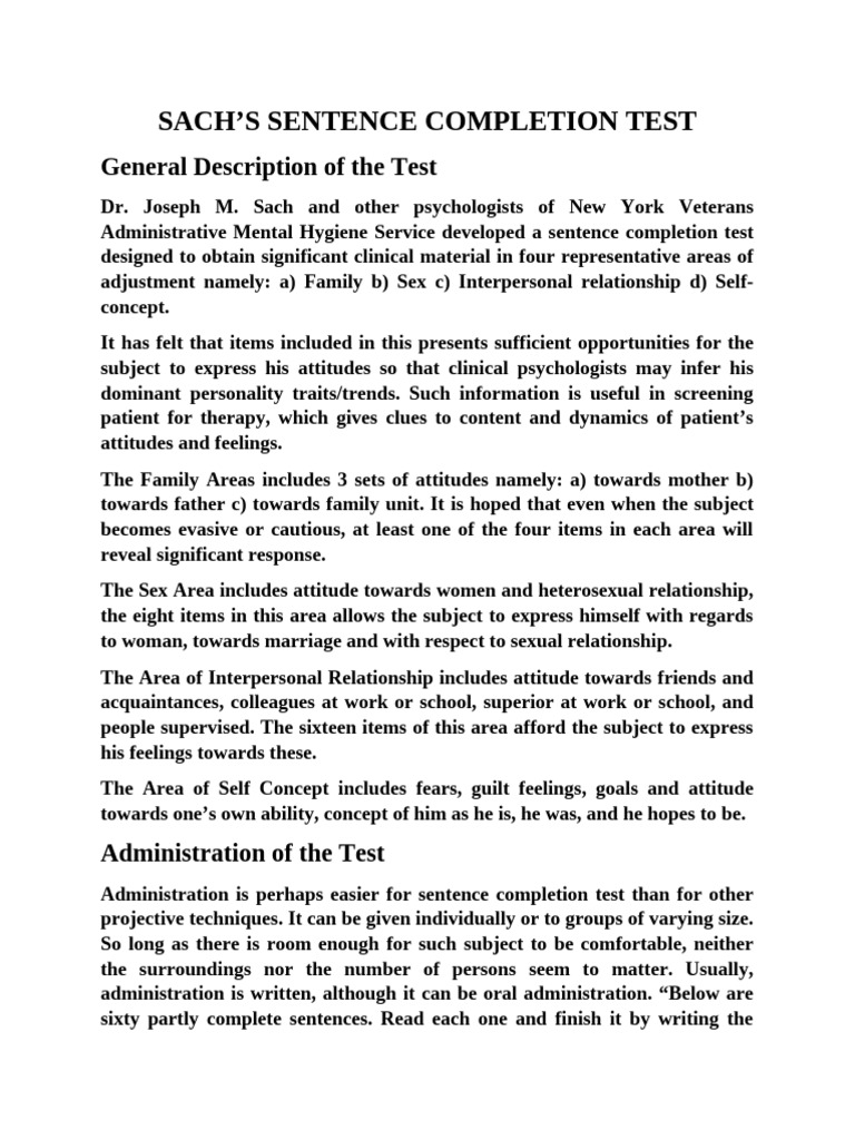 Sach Sentence Completion Test | PDF | Attitude (Psychology) | Fear