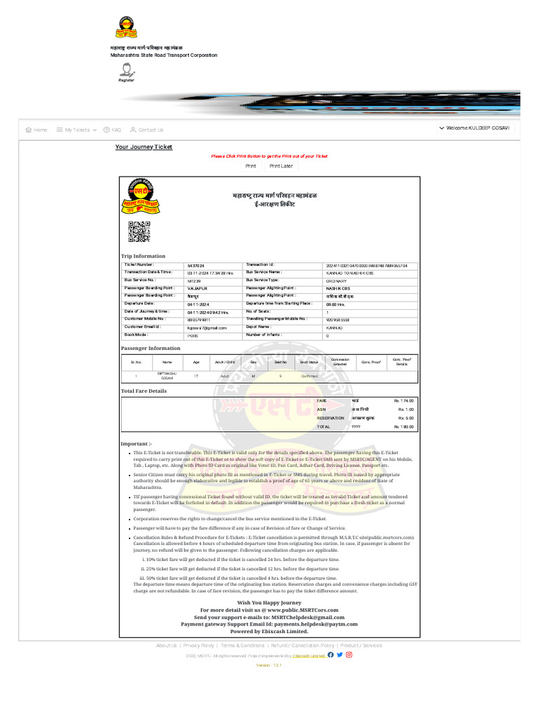 MSRTC E-Ticket and Cancellation Policy | PDF | Fare | Public Transport