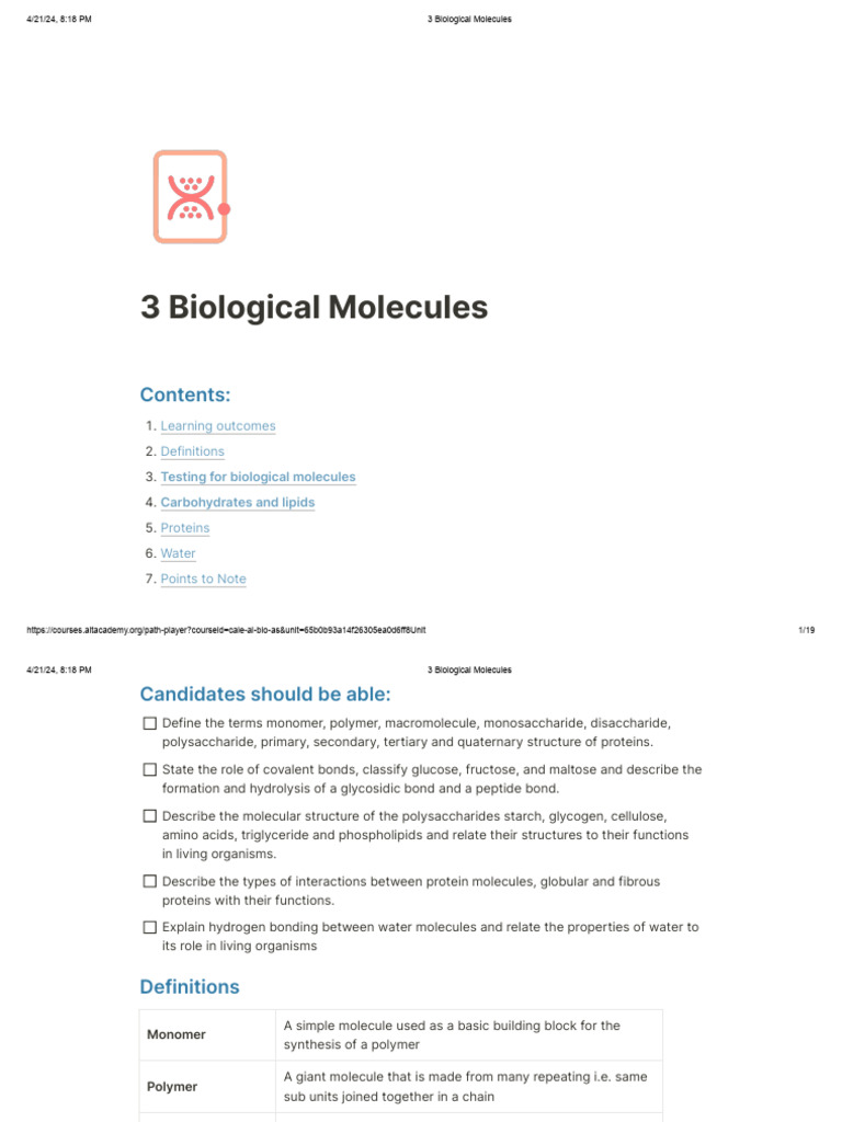 Revision Guide - Biological Molecules | PDF | Collagen | Biomolecules