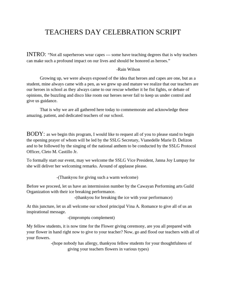 Teachers Day Program Emcee Script | PDF