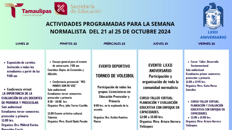 Actividades Programadas para La Semana Normalista | PDF
