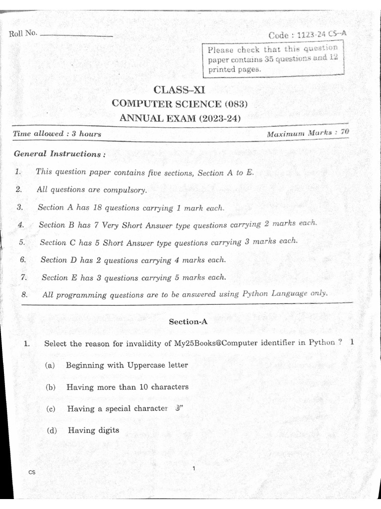 Computer Science Previous Year Question Paper | PDF