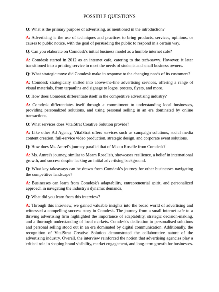 Possible Questions | PDF | Advertising | Communication