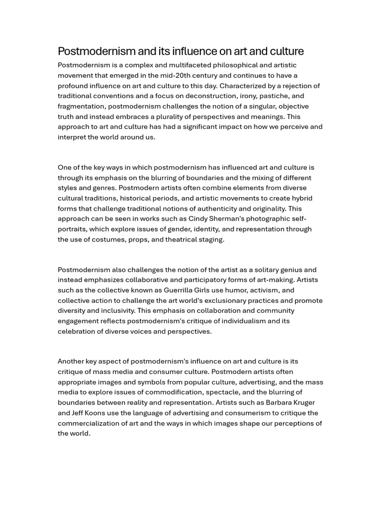 Postmodernism and Its Influence On Art and Culture | PDF ...
