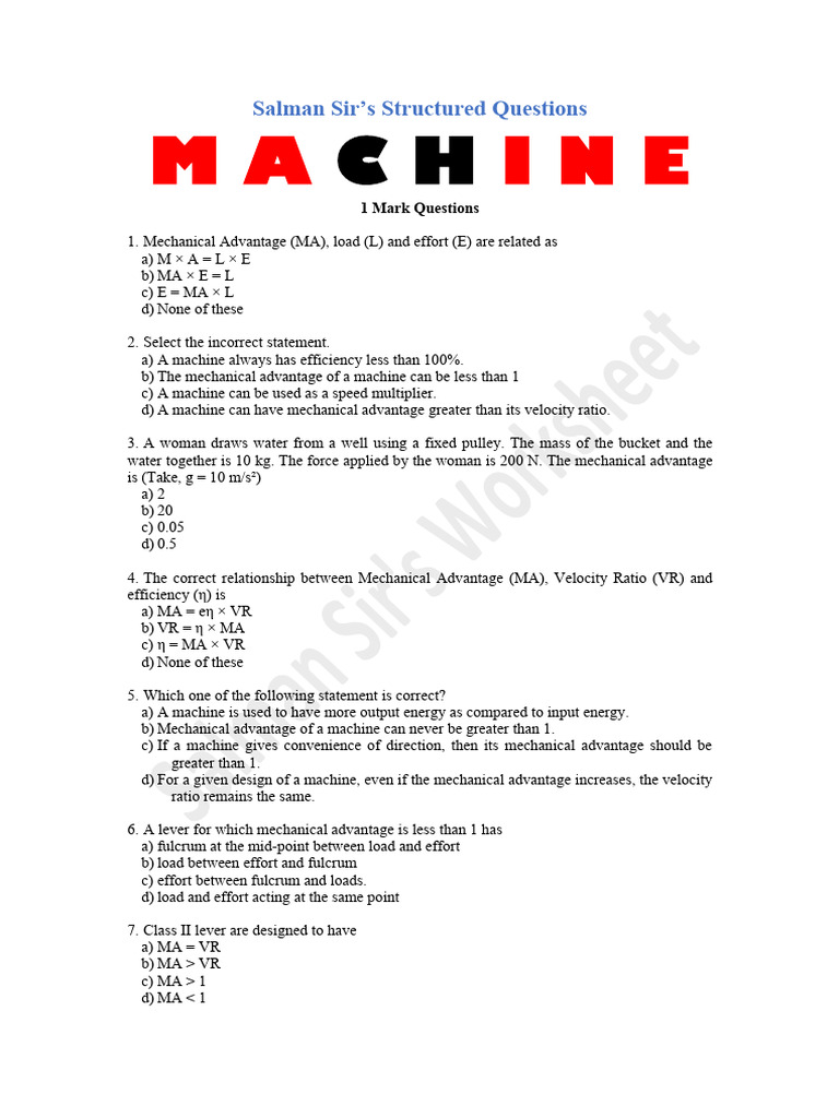3.Machine Structured Worksheet's | PDF | Lever | Force