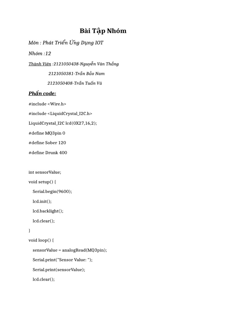 Bài Tập Nhóm 12 - Môn Phát Triển Ứng Dụng IOT | PDF