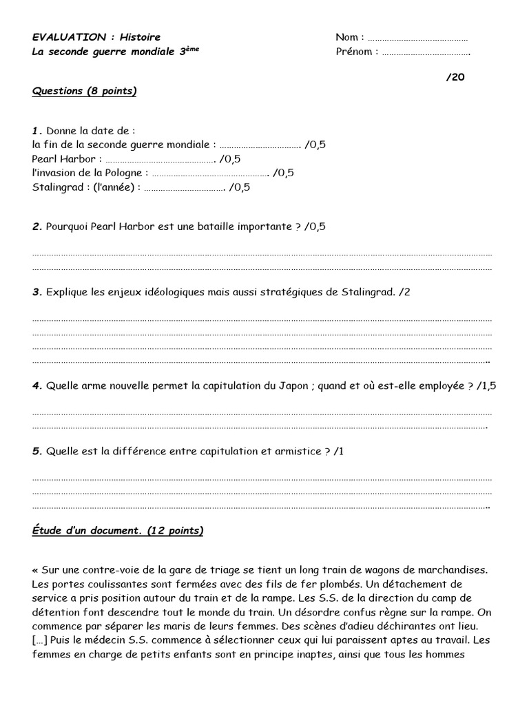 Histoire EVALUATION La Seconde Guerre Mondiale 3eme | PDF
