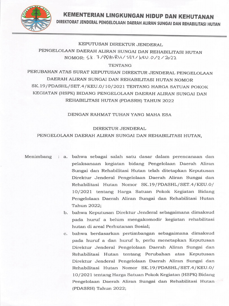 SK.7 - 2022 SK Dirjen PDASRH Tentang Perubahan HSPK Nomor SK.19 | PDF