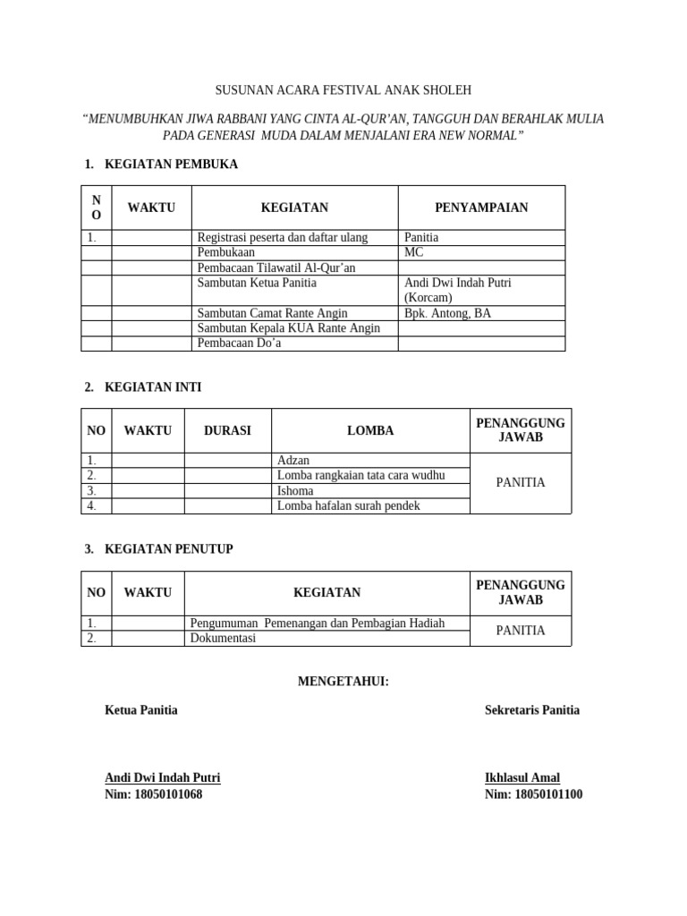 Festival Anak Sholeh: Acara dan Lomba | PDF