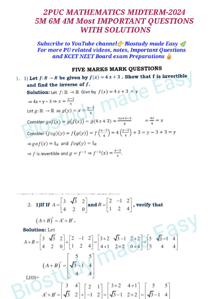 2PU Maths 6M 5M 4M QS& Answers | PDF