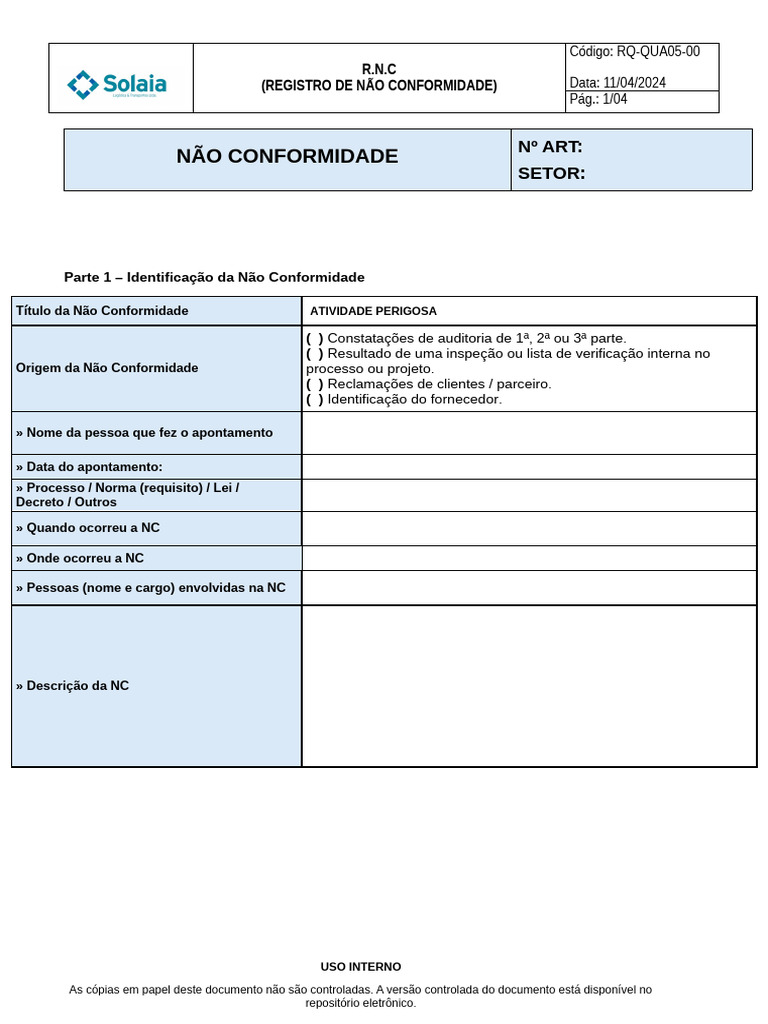 R.N.C_Registro de Não Conformidade | PDF