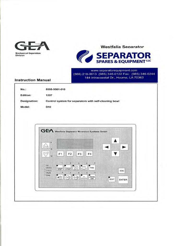 AME-MAN-702-001 Control System For Separators - GEA Westfalia - D10 - Manual | PDF | Power ...