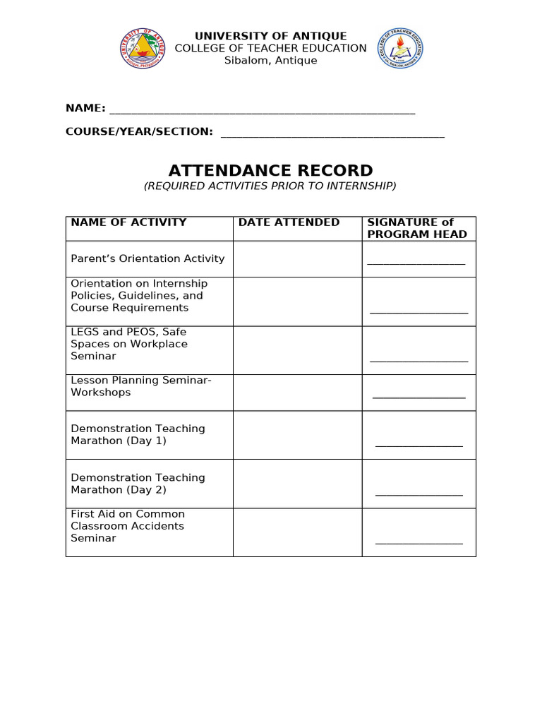 ATTENDANCE RECORD Internship and LETTER of INTENT | PDF
