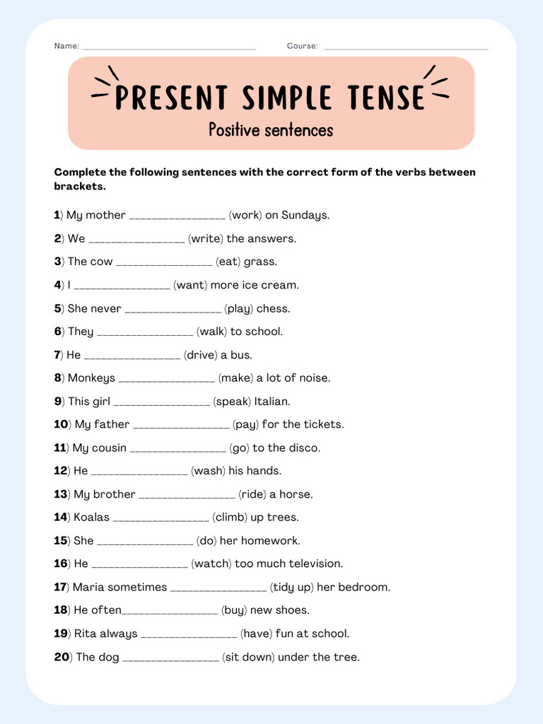 Colourful Pastel English Present Simple Tense Worksheets | PDF