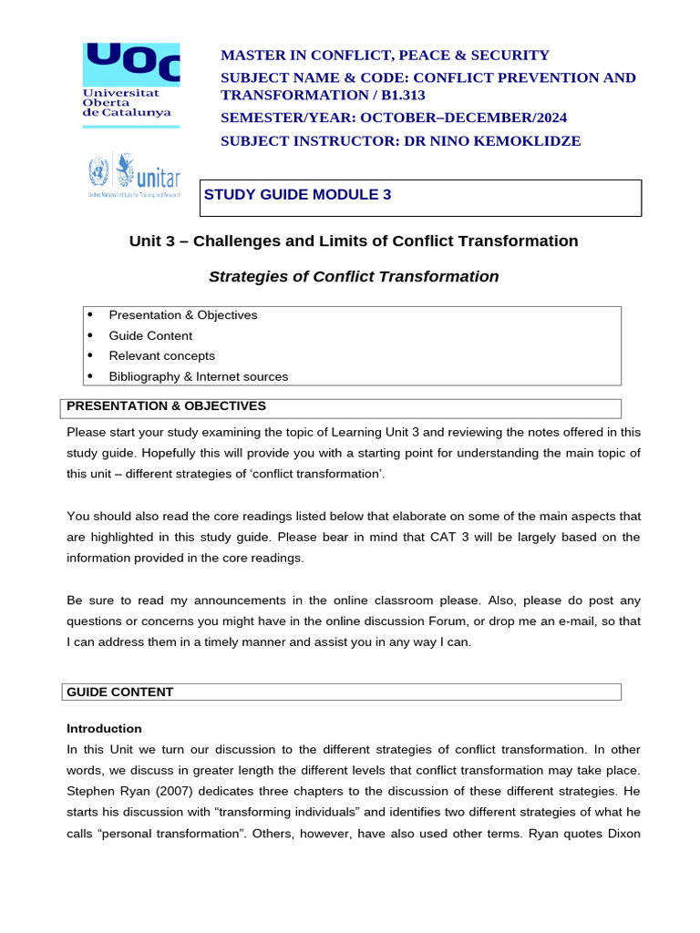 Study Guide 3 - Strategies of Conflict Transformation-1 | PDF ...