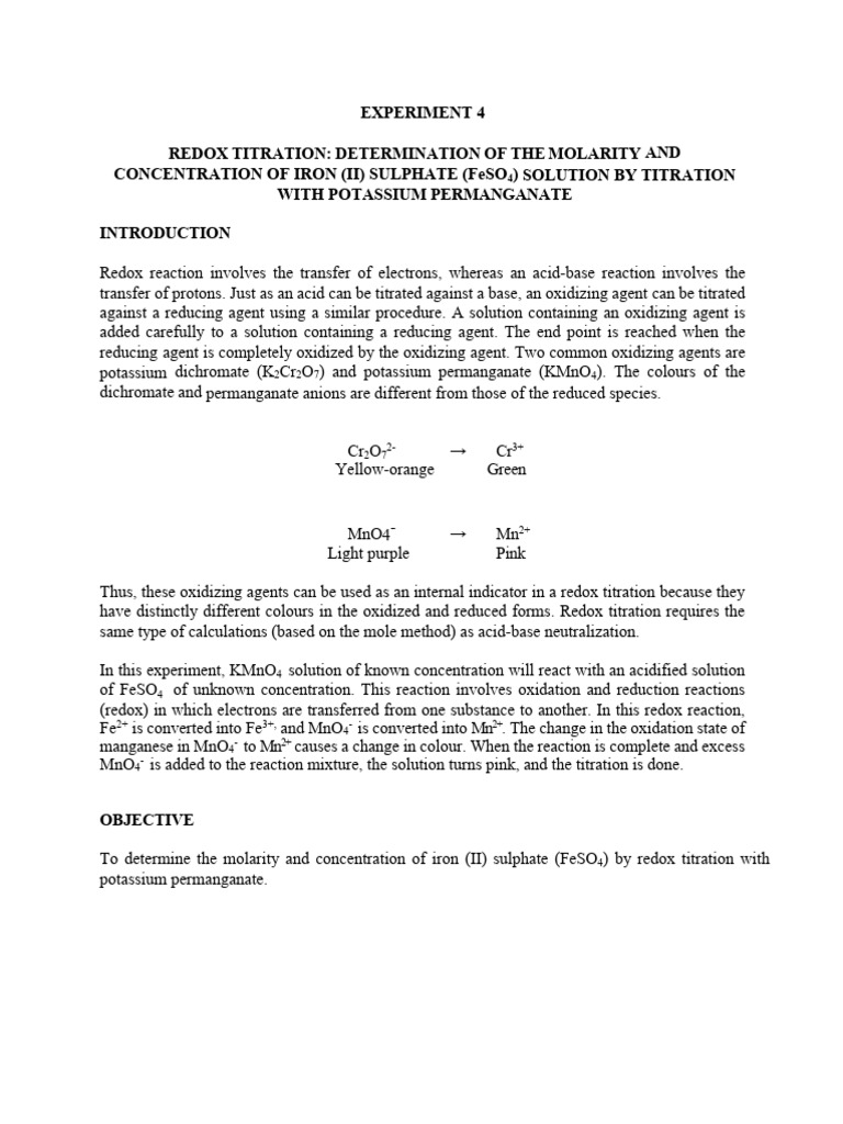 Manual For Redox Titration | PDF | Titration | Chemistry
