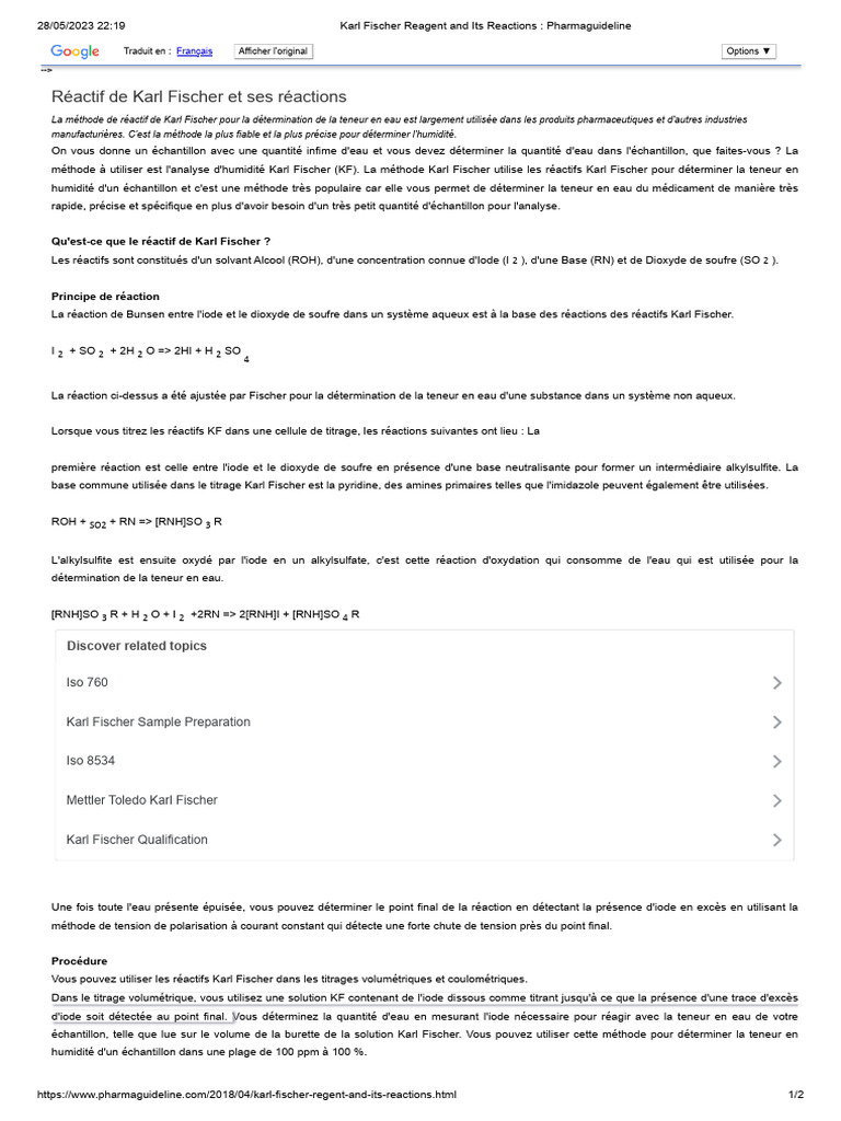 Réactif Karl Fischer : Analyse et Réactions | PDF | Titrage | Chimie