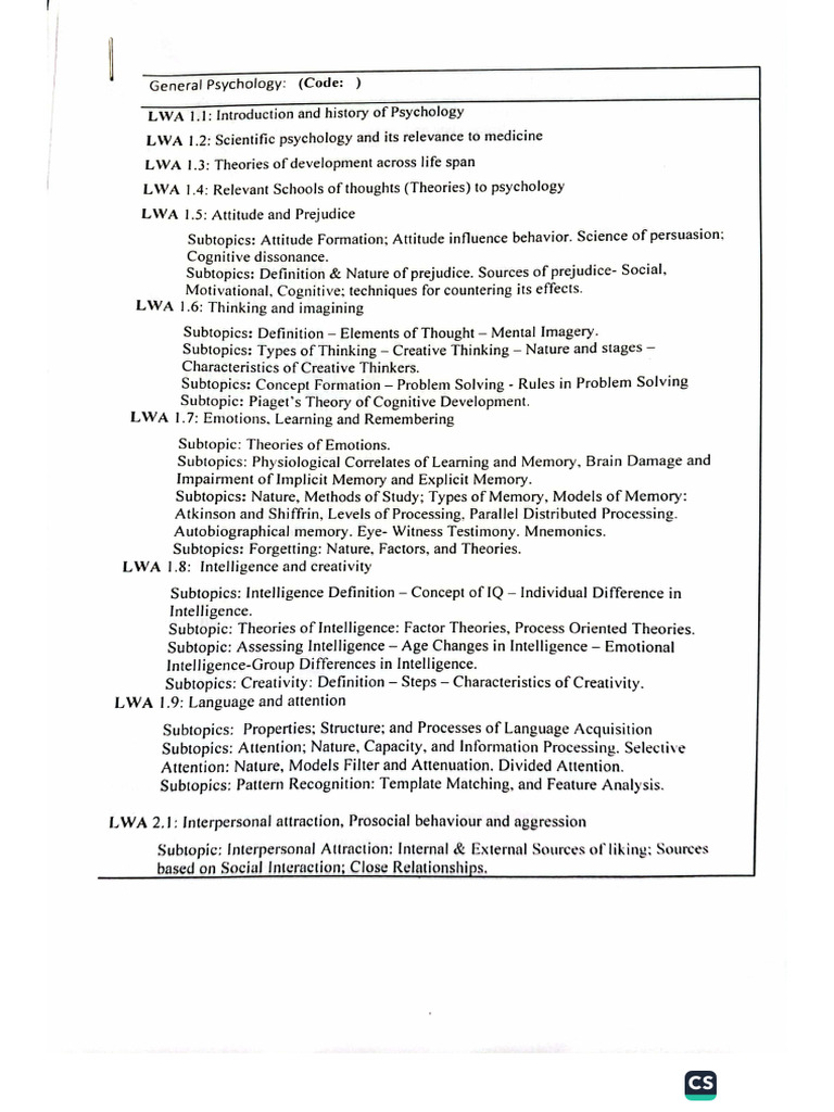 General Psychology Course Outline | PDF