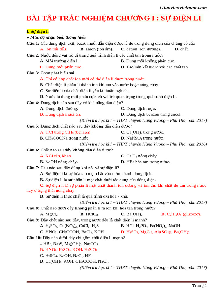 On tap SU DIEN LI Co Dap An | PDF