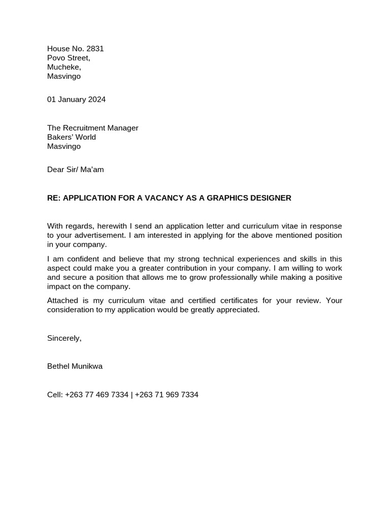 Application For Bethel Munikwa Bakers' World | PDF