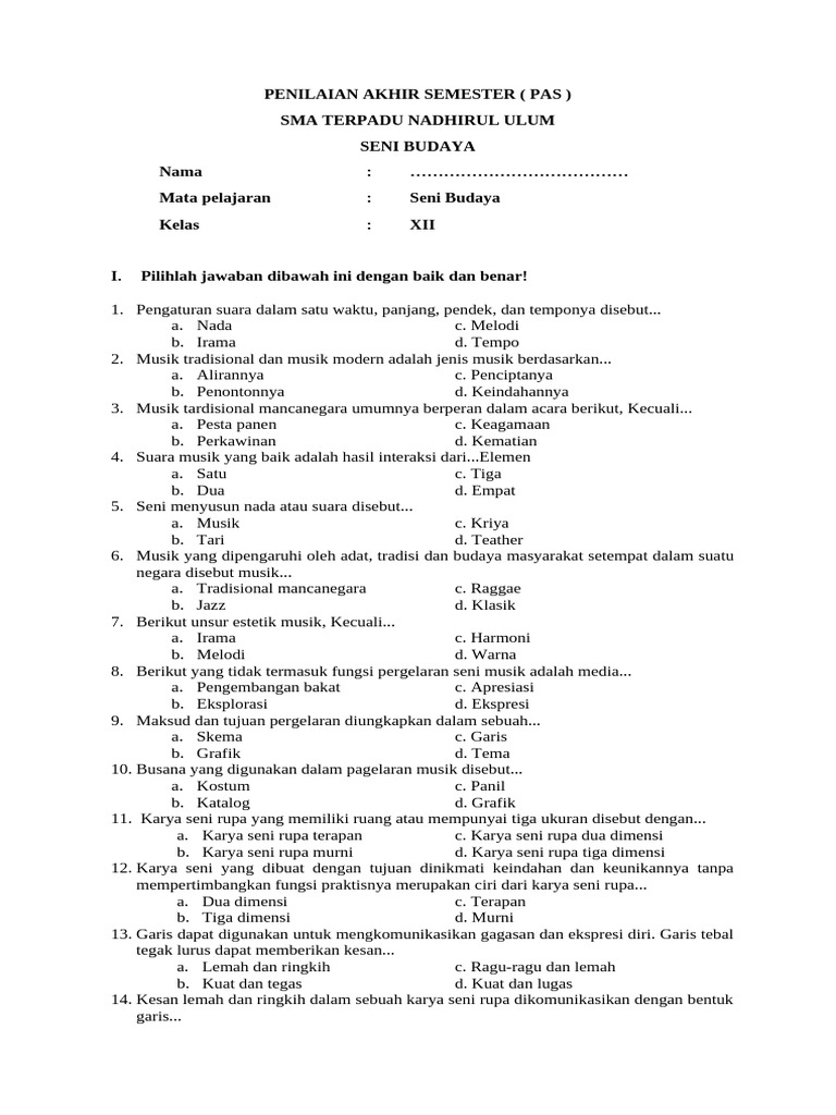Soal Pas Seni Budaya Kelas Xii | PDF