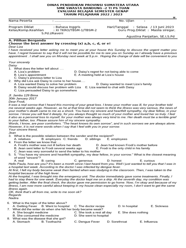 Soal Ujian Semester Genap Kelas Xi TP 2022203 | PDF | Medicine | Causes Of Death
