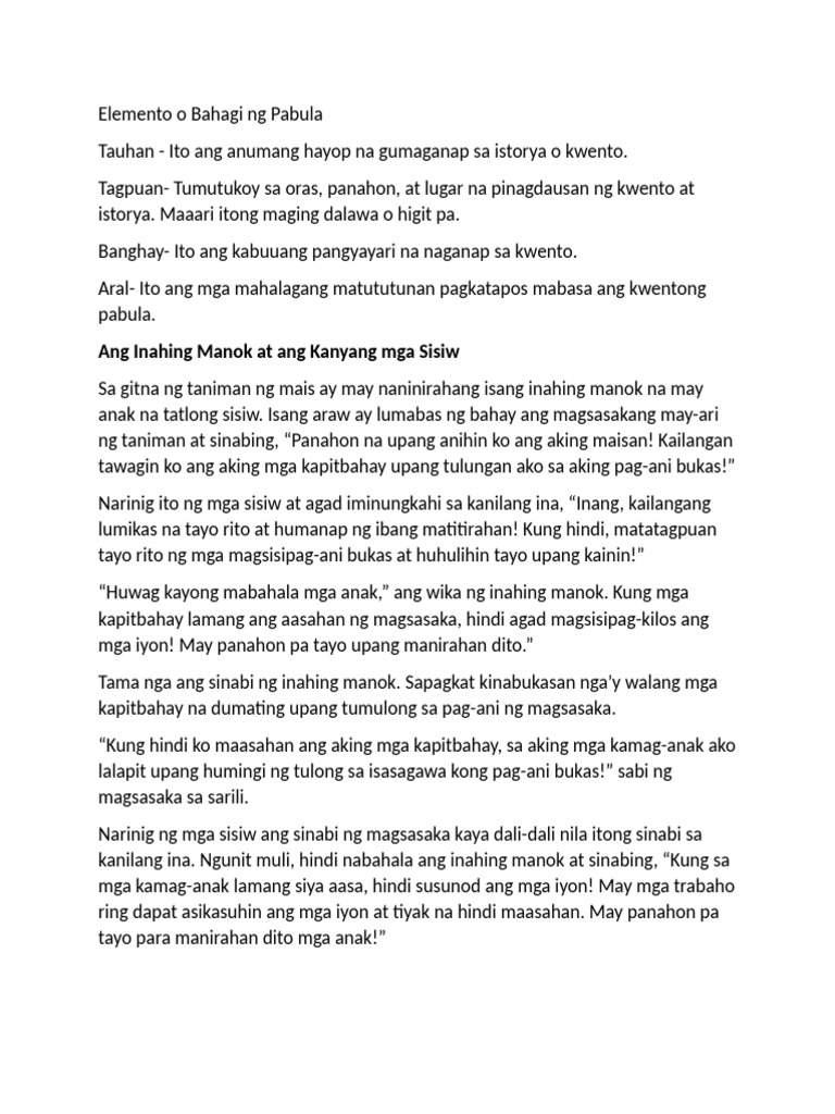 Elemento o Bahagi ng Pabula | PDF