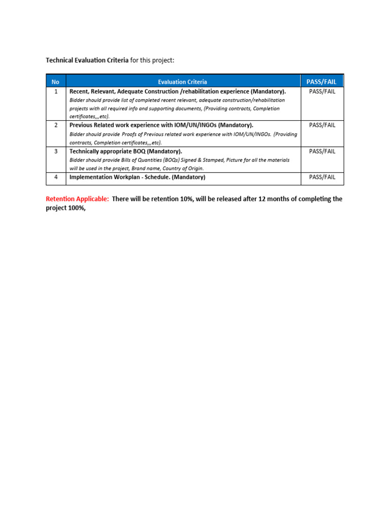 Technical Evaluation Criteria, Materials Brand & Timeline Schedule | PDF