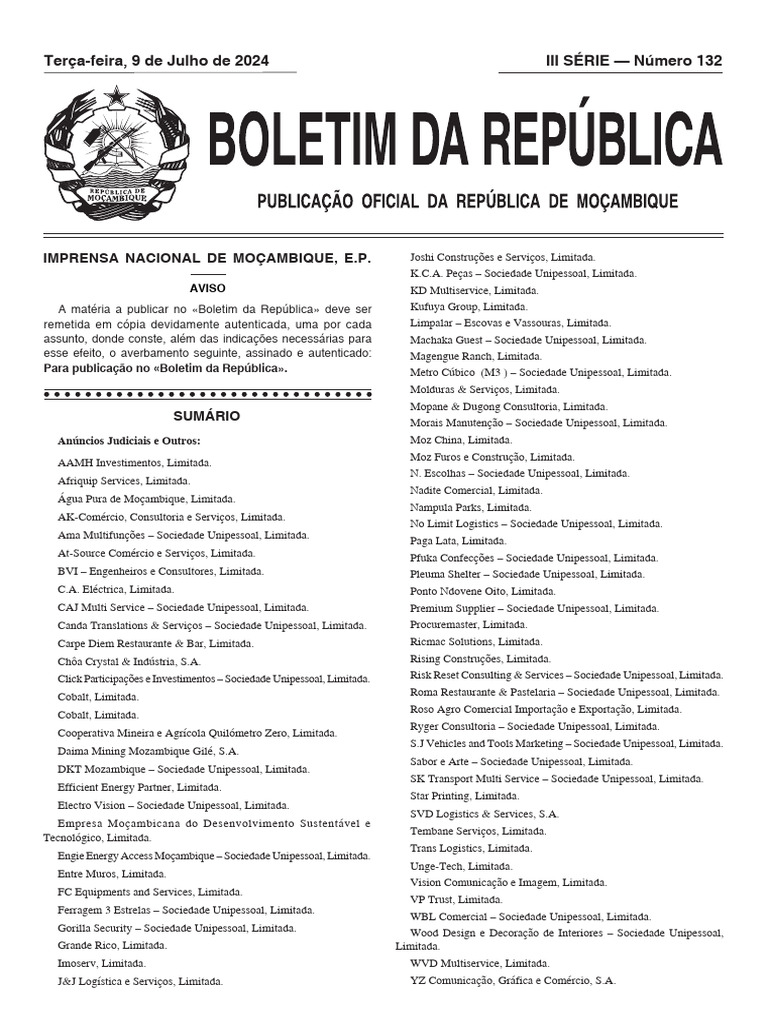 Publicações do Boletim da República 2024 | PDF | Moçambique | Gestão de ...