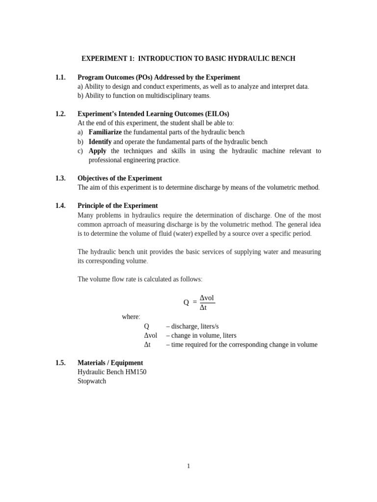 01 Introduction To Basic Hydraulic Bench | PDF | Experiment | Discharge ...