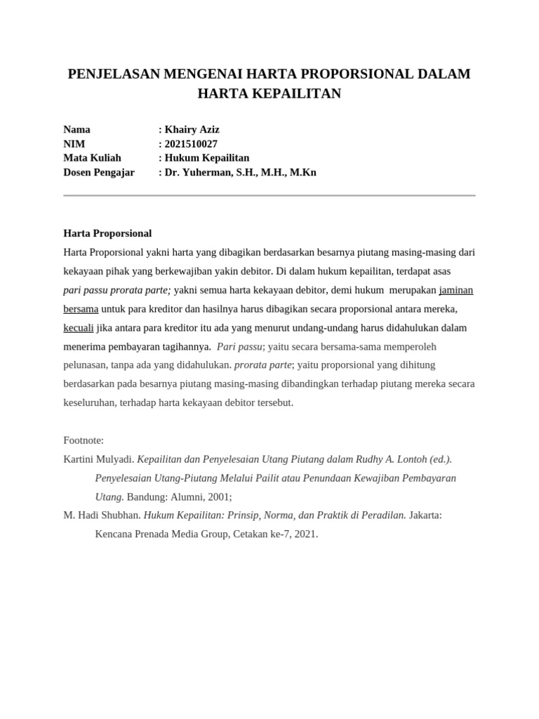 Harta Proporsional dalam Kepailitan | PDF