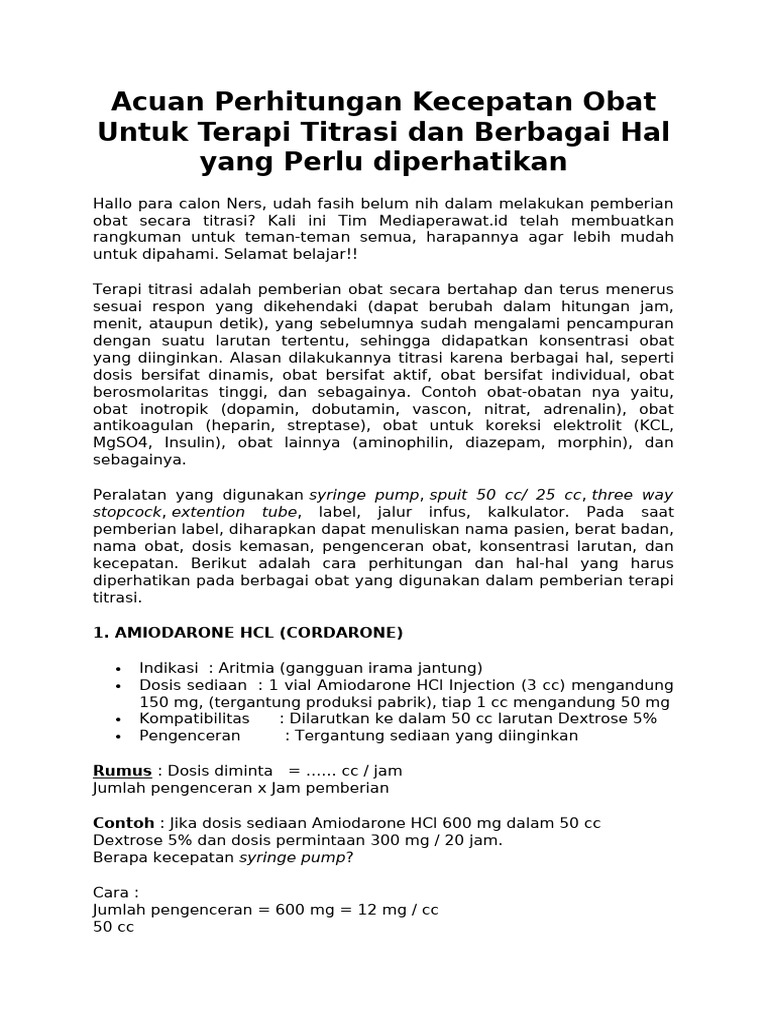 Acuan Perhitungan Kecepatan Obat Untuk Terapi Titrasi Dan Berbagai Hal Yang Perlu Diperhatikan | PDF