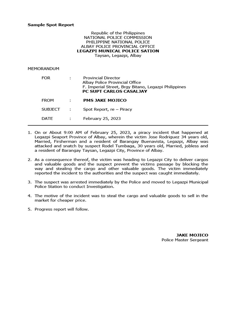 Sample Spot Report | PDF | Crimes | Crime & Violence