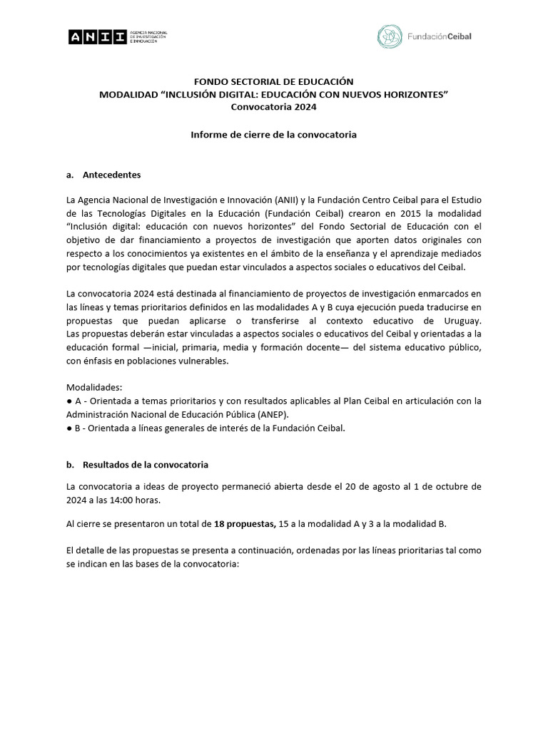 Informe Cierre Postulaci N Idea Fondo Sectorial Educaci N Inclusi N Digital 20241009 | PDF ...