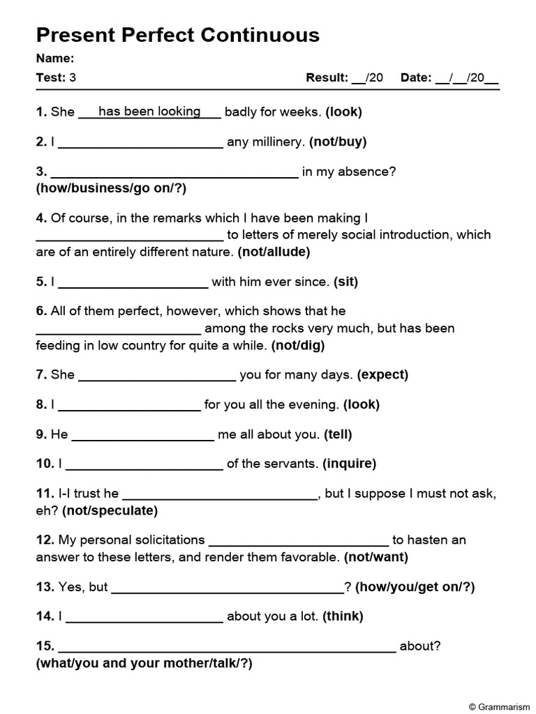 Grammarism Present Perfect Continuous Test 3 1669150 | PDF