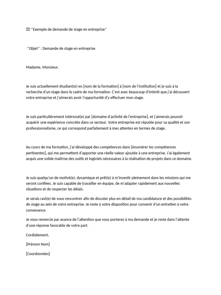 Exemple de lettre de demande de stage | PDF