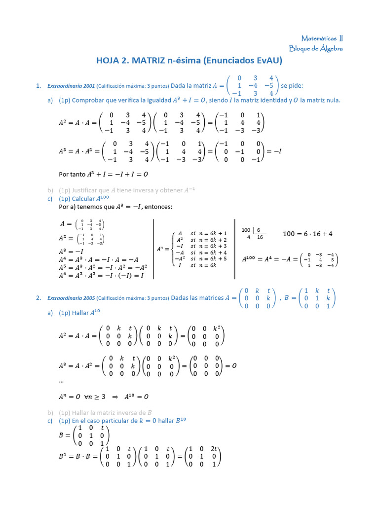 HOJA 2 Solución MATRIZ N-Ésima EvAU | PDF | Matriz (Matemáticas ...
